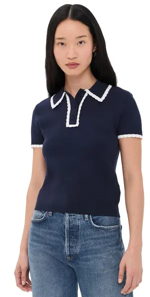 English Factory Scallop Detailed Short Sleeve Polo - Navy/white