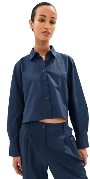 LE BOP Felicity Boxy Cropped Poplin Button Down Shirt - Navy