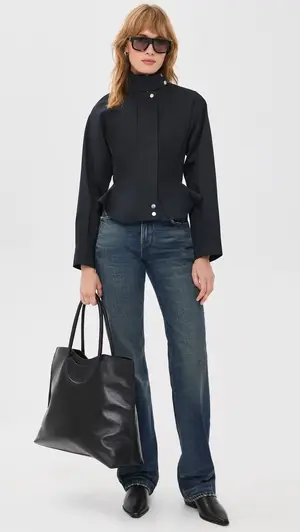 Staud Archie Jacket With Peplum Hem And Leather Trim - Black