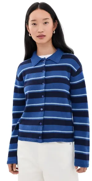 English Factory Striped Collar Shirt Cardigan - Blue Multi