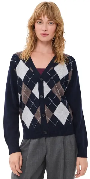 DUNST V-neck Argyle Cardigan - Navy