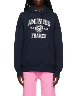 AMI Paris Logo-printed Long-sleeved Drawstring Hoodie