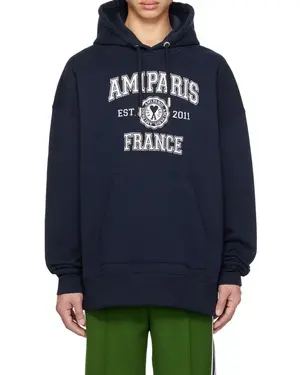 AMI Paris Logo-printed Long-sleeved Drawstring Hoodie