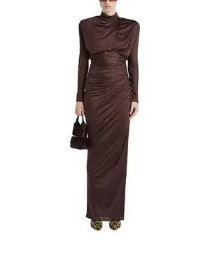 Balmain Long Sleeve Draped Jersey Maxi Dress