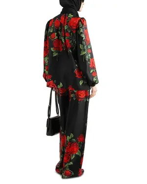 Dolce & Gabbana Rose Print Silk Tie Neck Blouse