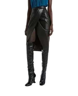 Balmain Draped Lambskin Midi Skirt - Black