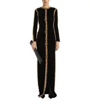 Balmain Long Velvet Dress With Embroidered Trim - Black