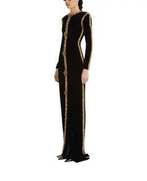 Balmain Long Velvet Dress With Embroidered Trim