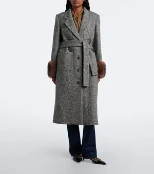 Valentino Garavani Herringbone Shearling-trimmed Wool-blend Coat
