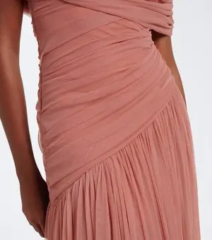 DE LA VALI Himilia Asymmetric Draped Tulle Maxi Dress - Pink