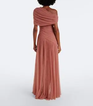 DE LA VALI Himilia Asymmetric Draped Tulle Maxi Dress - Pink