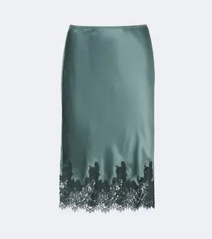 DÔEN Elouvette Lace-trimmed Silk Satin Midi Skirt - Green