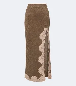 Valentino Garavani Lace-trimmed Ribbed-knit Lamé Maxi Skirt