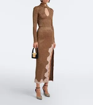 Valentino Garavani Lace-trimmed Ribbed-knit Lamé Maxi Skirt