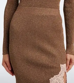 Valentino Garavani Lace-trimmed Ribbed-knit Lamé Maxi Skirt