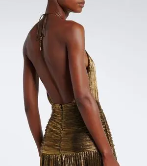 Retrofete Thalia Plissé Halterneck Lamé Gown