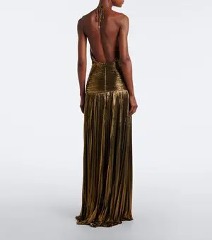Retrofete Thalia Plissé Halterneck Lamé Gown
