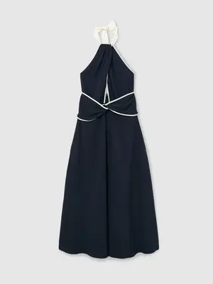 REISS Blair Petite Contrast-trim Halterneck Midi Dress - Navy
