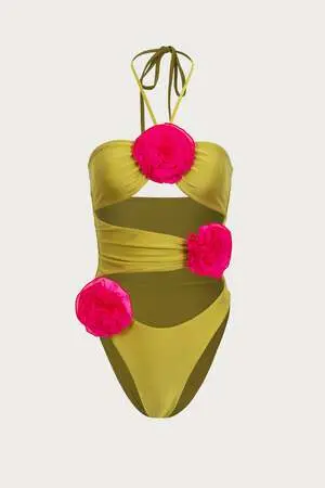 SAME Rose Cut Out One Piece - Green/fuchsia