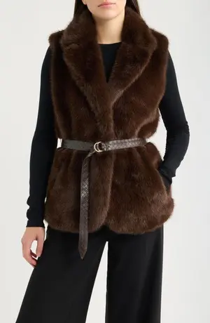 TAHARI ASL Belted Faux Fur Vest - Espresso