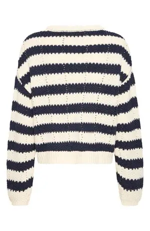 ICHI Befila Striped Pointelle Crewneck Sweater