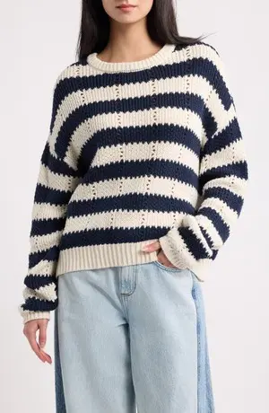ICHI ICHI Befila Striped Pointelle Crewneck Sweater
