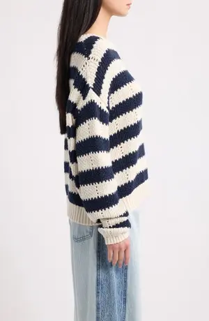 ICHI Befila Striped Pointelle Crewneck Sweater