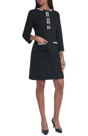 Karl Lagerfeld Paris Bead Detail Shimmer Knit Tweed Shift Minidress - Black/silver Multi