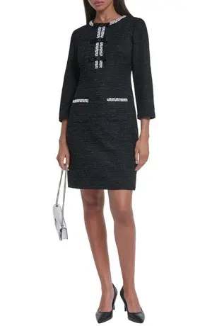 Karl Lagerfeld Paris Bead Detail Shimmer Knit Tweed Shift Minidress