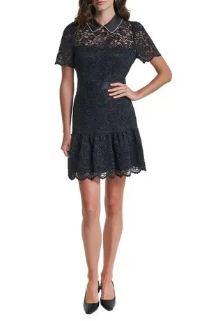 Karl Lagerfeld Paris Crystal Collar Detail Lace A-line Minidress - Black