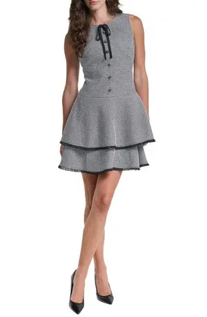 Karl Lagerfeld Paris Fringe Detail Tiered Metallic Tweed Minidress - Black/soft White
