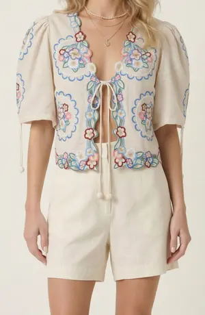 MODENAIRE Floral Embroidered Tie Front Cropped Top