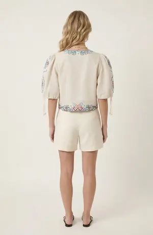 MODENAIRE Floral Embroidered Tie Front Cropped Top