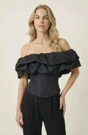 MODENAIRE Off Shoulder Ruffle Overlay Corset Top - Black