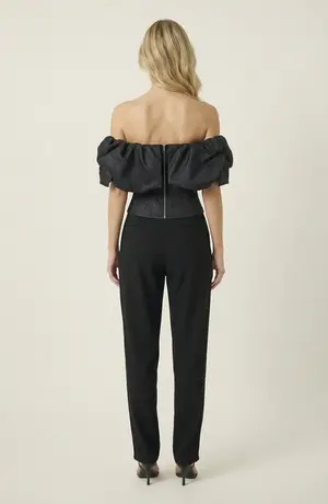 MODENAIRE Off Shoulder Ruffle Overlay Corset Top - Black