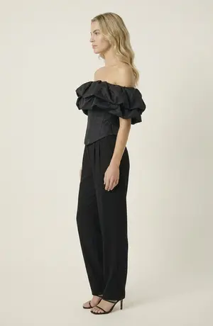MODENAIRE Off Shoulder Ruffle Overlay Corset Top - Black