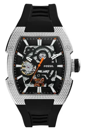 Fossil Machine Automatic Silicone Strap Watch Black/silver