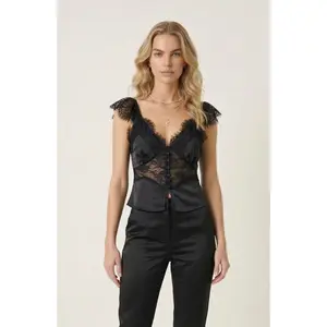 MODENAIRE Lace Trim Satin Corset Top - Black