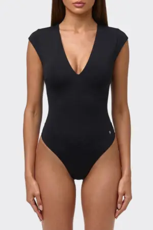 POPILUSH Shapewear V-neck Cap Sleeve Tummy Control Bodysuit - Jet