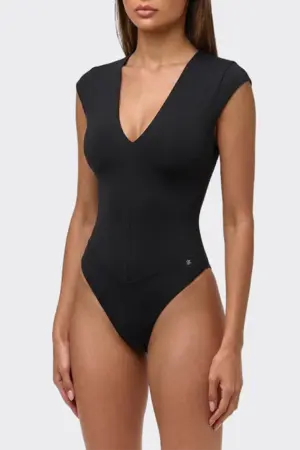 POPILUSH Shapewear V-neck Cap Sleeve Tummy Control Bodysuit - Jet