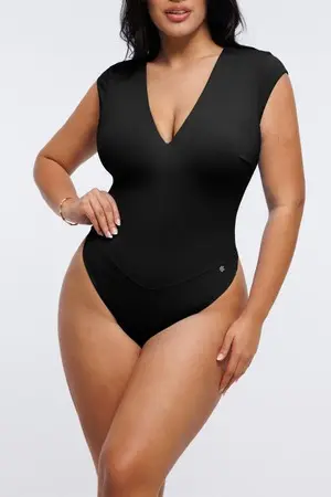 POPILUSH Shapewear V-neck Cap Sleeve Tummy Control Bodysuit - Jet