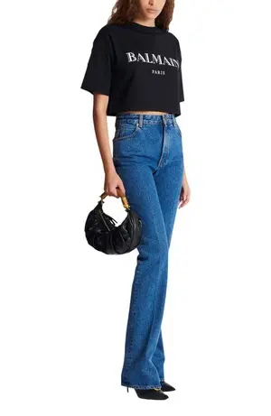Balmain Boxy Cropped T-shirt With Printed Logo - Black