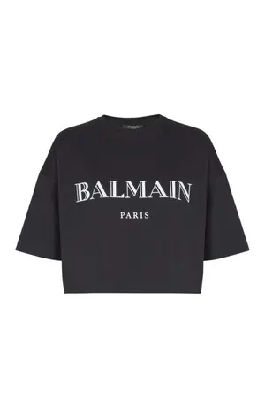 Balmain Boxy Cropped T-shirt With Printed Logo - Black