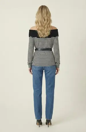 MODENAIRE Off-shoulder Striped Knit Belted Top