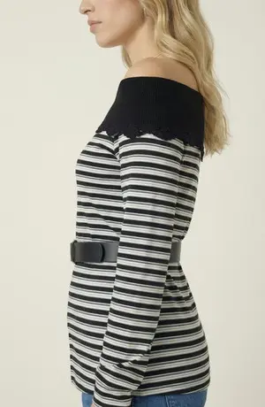 MODENAIRE Off-shoulder Striped Knit Belted Top
