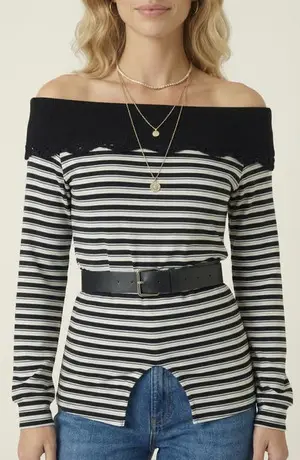 MODENAIRE Off-shoulder Striped Knit Belted Top