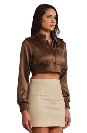 MEMBERS ONLY Cropped Classic Satin Iconic Racer Jacket - Brown
