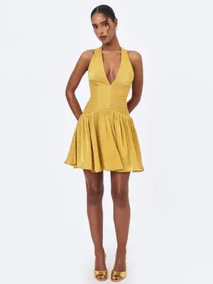 MISS CIRCLE NEW YORK Xavia Crystal Organza Plunging Halter Mini Dress