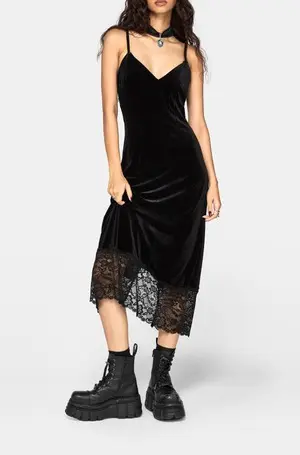 DISTURBIA Cathy Velour Lace Hem Cami Midi Dress