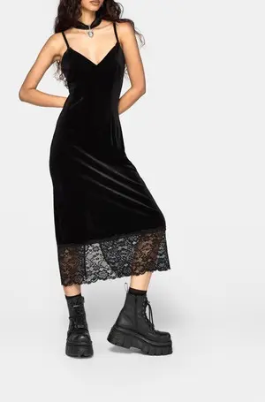 DISTURBIA Cathy Velour Lace Hem Cami Midi Dress